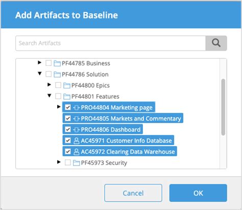 add artifacts to a baseline blueprint online help