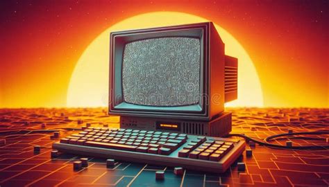 Retro Computer With Crt Monitor And Chunky Keyboard On Orange To Yellow
