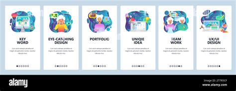 Mobile App Onboarding Screens UI UX Design Female Teamwork Design Portfolio Menu Vector