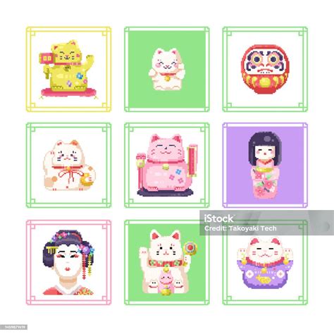 픽셀 아트 일본 봄 축제 인쇄 패턴 또는 아이콘 세트 게이샤 인체 해부 모형 네코와 다루마의 8 비트 픽셀 아이콘 스티커 티셔츠 웹 배너에 대 한 장식 복고풍 사각형