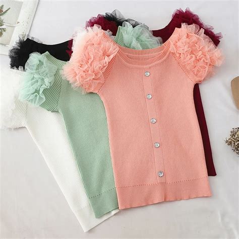 Женские Модные трикотажные милые футболки Топы женские без рукавов лоскутные оборки сетчатый Топ