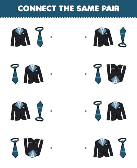 어린이를 위한 교육 게임은 귀여운 만화 정장과 넥타이 쌍 인쇄 가능한 착용 가능한 옷 워크시트의 동일한 그림을 연결합니다 프리미엄 벡터