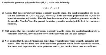 Answered Consider The Generator Polynomial For A Bartleby