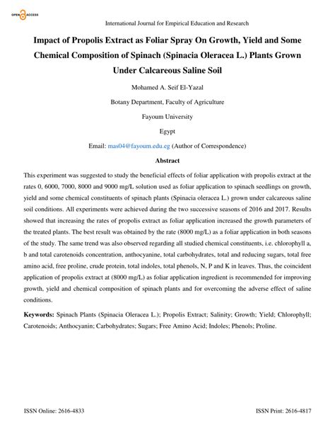 (PDF) Impact of Propolis Extract as Foliar Spray On Growth, Yield and Some Chemical Composition ...