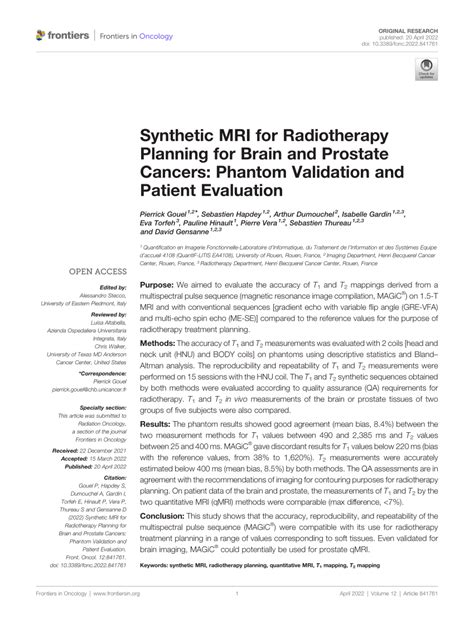 Pdf Synthetic Mri For Radiotherapy Planning For Brain And Prostate Cancers Phantom Validation