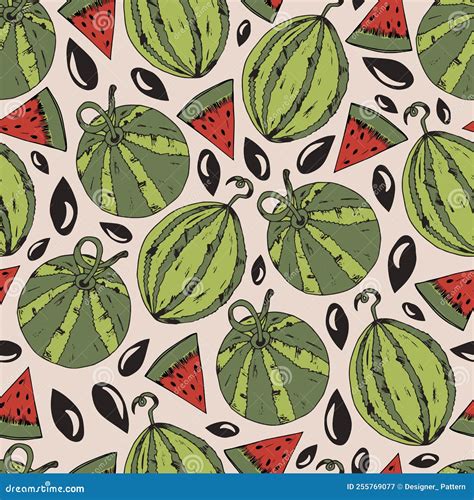 Vector Hand Drawn Watermelon Elements Seamless Repeat Pattern