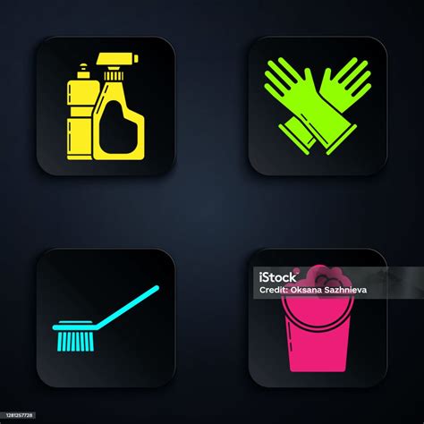 거품과 거품 액체 식기 세척 액체플라스틱 병 화장실 브러시 및 고무 장갑을 가진 양동이를 설정합니다 검은 색 사각형 버튼 벡터 가사 집안일에 대한 스톡 벡터 아트 및 기타
