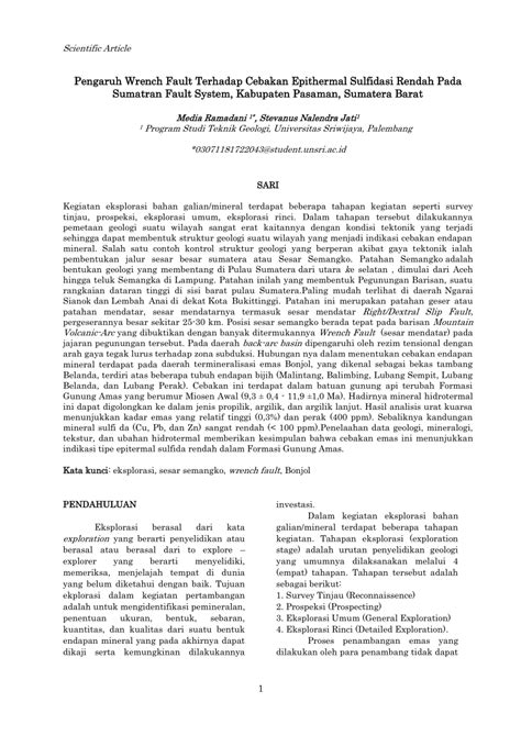 Pdf Pengaruh Wrench Fault Terhadap Cebakan Epithermal Sulfidasi Rendah Pada Sumatran Fault