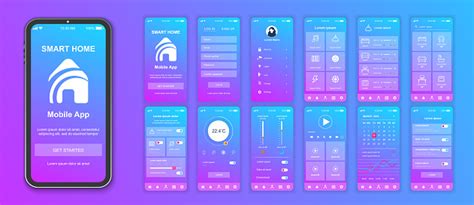 스마트 홈 모바일 앱 인터페이스 화면 템플릿 세트 온라인 계정 온도 조절기 및 전기 모니터링 자동화 관리 응용 프로그램 웹 레이