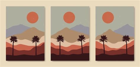 세 가지 추상 미학 중반 세기 현대 풍경 현대 Boho 포스터 표지 템플릿 예술 인쇄 엽서 벽지 벽 예술에 대한 최소한의 자연 삽화 세트 프리미엄 벡터