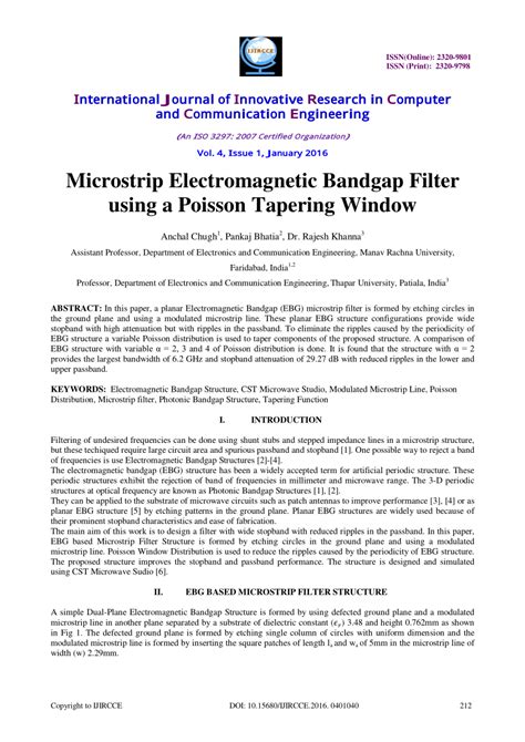 Pdf Microstrip Electromagnetic Bandgap Filter Using A Poisson Tapering Window