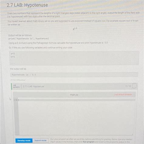 Solved LAB Hypotenuse Given Two Numbers That Represent Chegg
