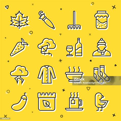 세트 라인 작은 병아리 양말 가을 옷 정원 갈퀴 연 당근 잎 또는 나뭇잎 및 유리 아이콘이 있는 와인 병 벡터 가을에 대한 스톡 벡터 아트 및 기타 이미지 Istock