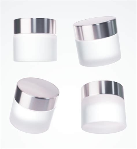 은색 캡 3d가 있는 젖빛 유리 크림 항아리의 4가지 다른 보기는 흰색 배경에 격리된 화장품 제품 포장을 렌더링합니다 프리미엄 사진