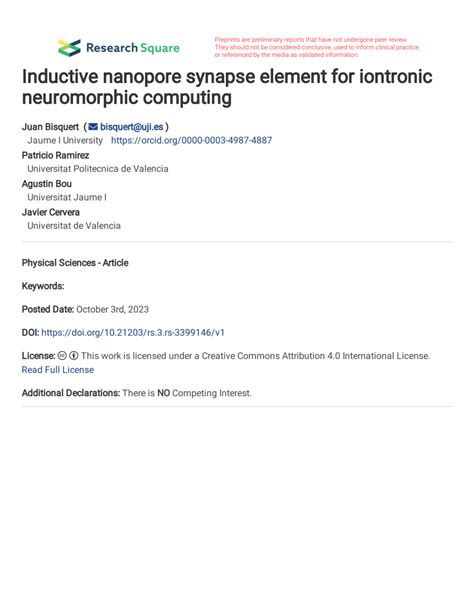 Pdf Inductive Nanopore Synapse Element For Iontronic Neuromorphic Computing