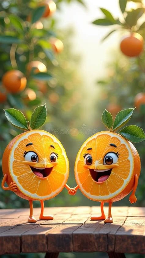 Happy Cartoon Oranges In Sunny Orchard With Green Leaves And Smiles