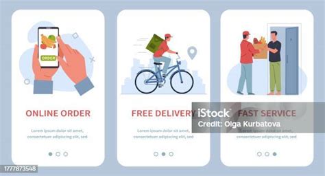 음식 식료품 배달 배너 전화 및 앱을 통한 제품 주문 빠른 서비스 다양한 택배 이동 방법 온라인 서비스 응용 프로그램 만화 평면 스타일 고립 Nowaday 벡터 세트