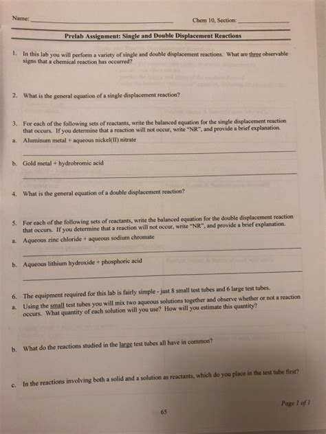 solved name chem 10 section prelab assignment single and