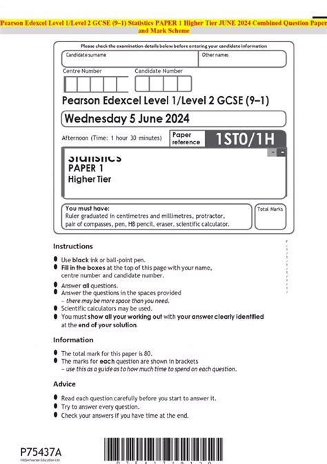 Pearson Edexcel Level 1 Level 2 Gcse 9 1 Statistics Paper 1 Higher Tier June 2024 Combined
