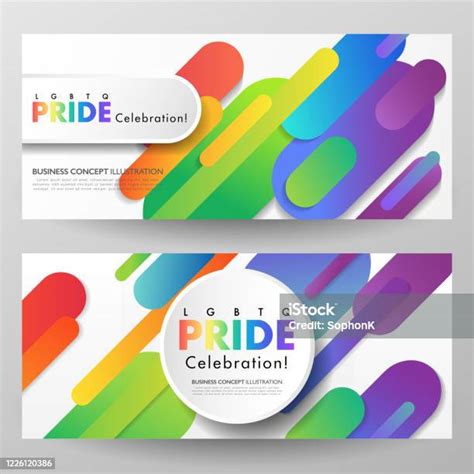 컬러풀한 Lgbtq 프라이드 축하 배너 2개 세트 흰색 배경에 추상 무지개 기하학적 라운드 개체입니다 벡터 일러스트 템플릿입니다 배경 주제에 대한 스톡 벡터 아트 및 기타