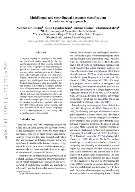 Multilingual And Cross Lingual Document Classification A Meta Learning Approach Deepai