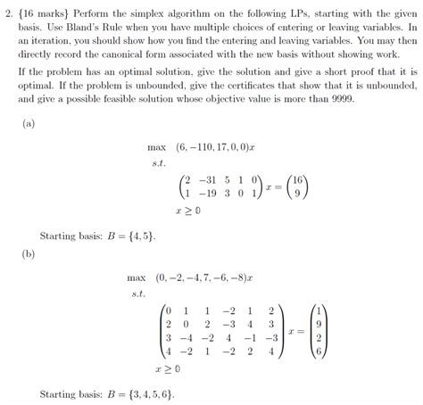 Solved Marks Perform The Simplex Algorithm On The Chegg
