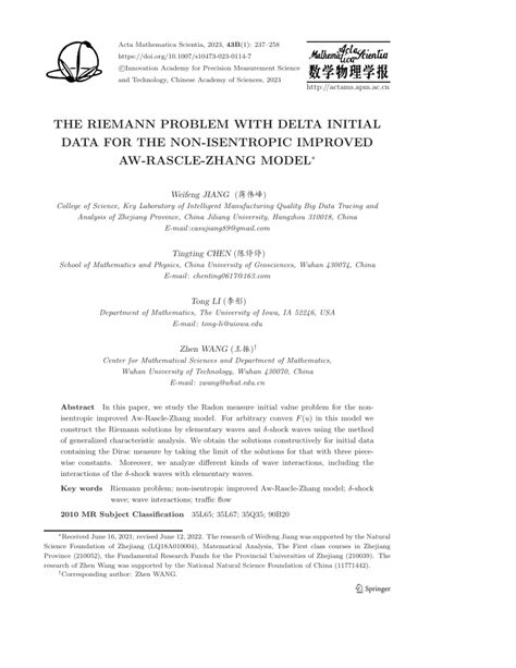 Pdf The Riemann Problem With Delta Initial Data For The Non Isentropic Improved Aw Rascle