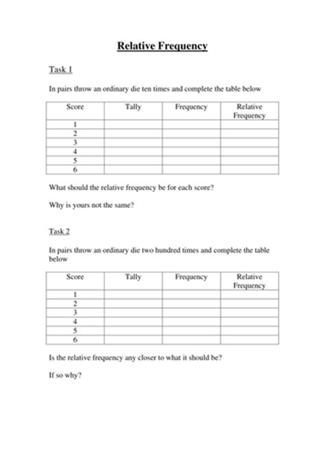 Relative Frequencyexperimental Probability Activity Teaching Resources