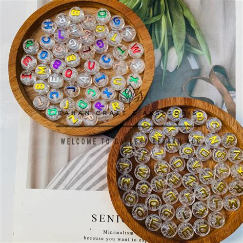 Jual 50 Pcs Mote Huruf Bulat Pipih Glitter Transparan Manik Huruf