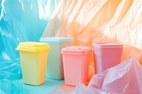 Colorful Reusable Containers Stand Out While Surrounded By Discarded Single Use Plastic Bags And