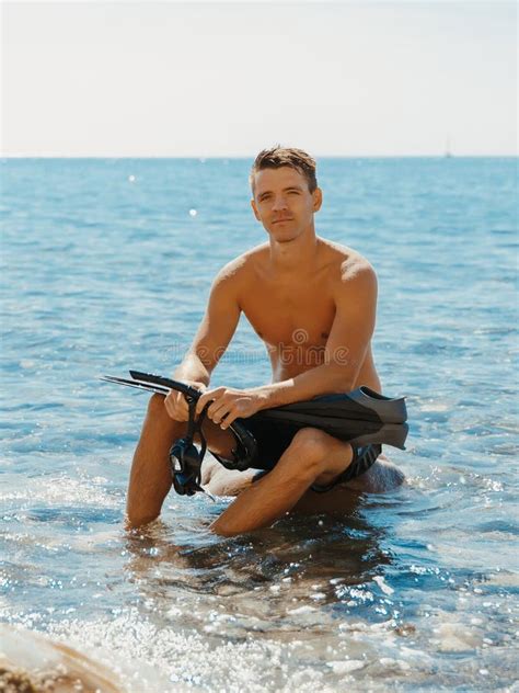 Portrait Of Handsome Topless Male Model On The Sea Beach Sporty Man