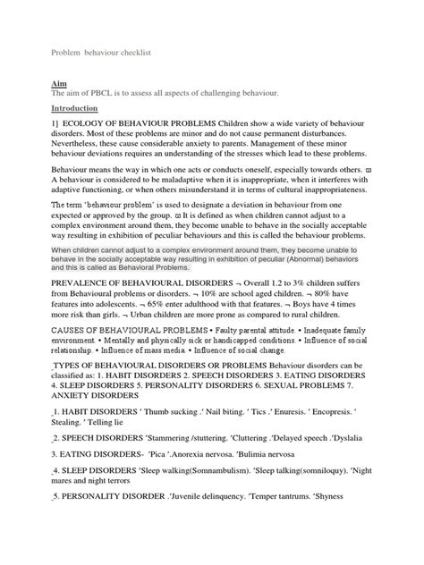 Problem Behaviour Checklist Pdf Mental Disorder Behavior