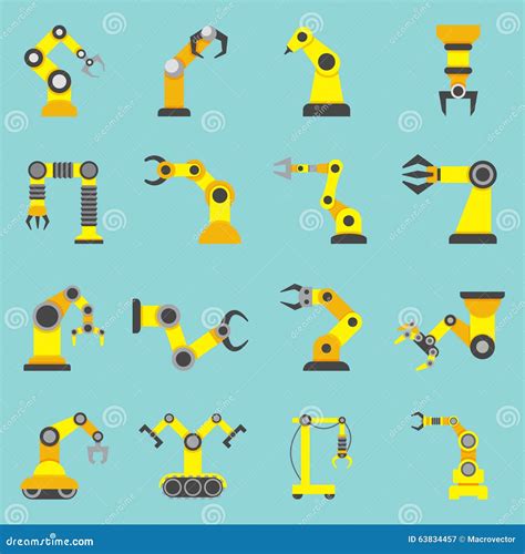 Robotic Arm Flat Yellow Icons Set Stock Vector Illustration Of Device