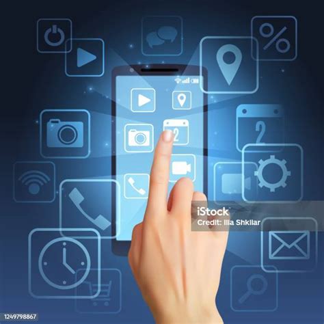 멀티미디어 아이콘 손 그림 어두운 배경에 스마트 폰 응용 프로그램 아이콘에 탭 현실적인 손 모바일 앱은 기호와 기호입니다 빛나는 아이콘 네온 형광 광 웹 및 모바일