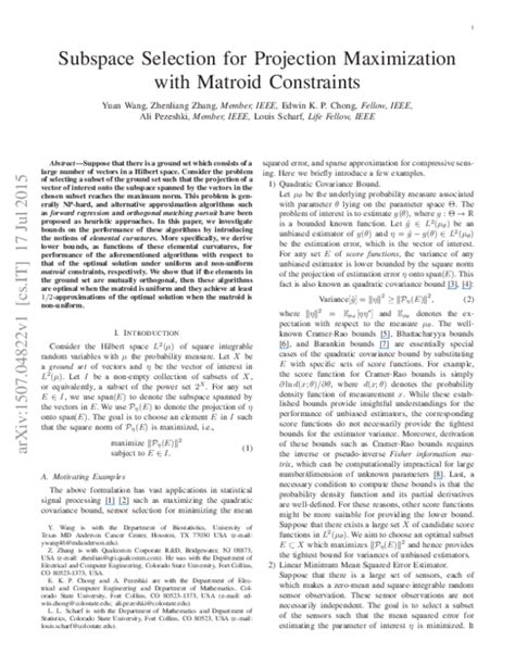 pdf subspace selection for projection maximization with matroid