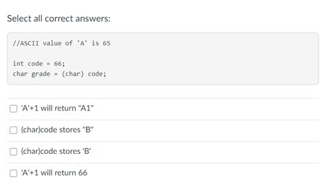 Solved Select All Correct Answers ASCII Value Of A Is Chegg
