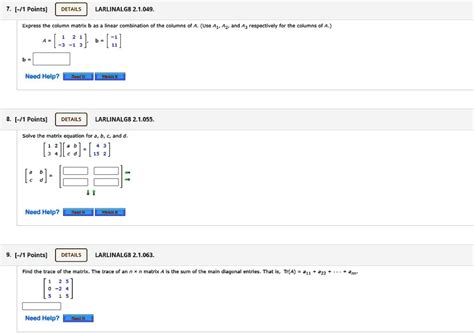 solved larlinalg8 2 1 049 express the column matrix as a linear