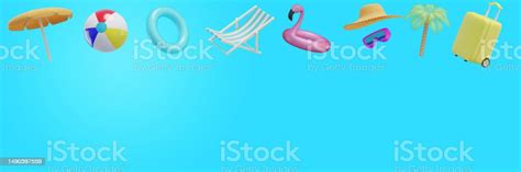 여름 배너입니다 풍선 공 안경 여행 가방 플라밍고 야자수 갑판 의자 모자 3d 렌더링 0명에 대한 스톡 사진 및 기타 이미지 Istock