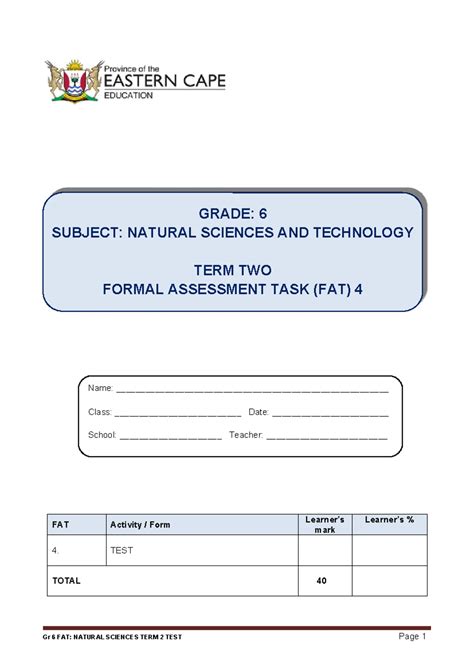 Grade 6 Term 3 Formal Test Memo Term 3 Natural Sciences Technolgy Grade 6 Memorandum Marks