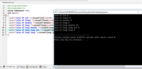 C Program To Display Size Of Different Datatype