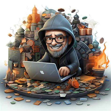 Premium Photo Illustration Of A Cartoon Hacker With A Laptop On A Pile Of Coins