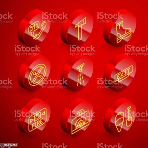 회선 전화 911 소방관 도끼 부츠 화재 일치 없음 스프링클러 출구 경보 시스템 및 내부 벽난로 아이콘을 설정합니다 벡터 3차원