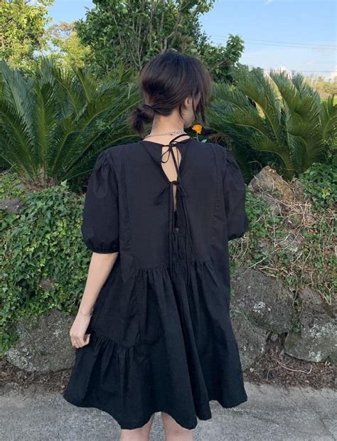 비나블러 뒷리본 퍼프소매 미니 캉캉원피스4color