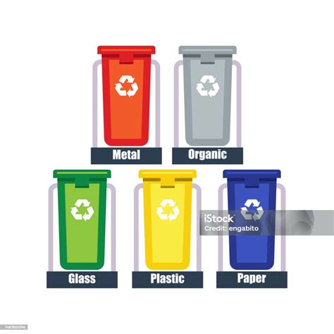 재사용에 적합한 금속 종이 플라스틱 유리 및 유기 폐기물이있는 유색 쓰레기통 파란색 빨간색 녹색 노란색은 재활용을 줄입니다 쓰레기 분류 쓰레기 0명에 대한 스톡 벡터 아트