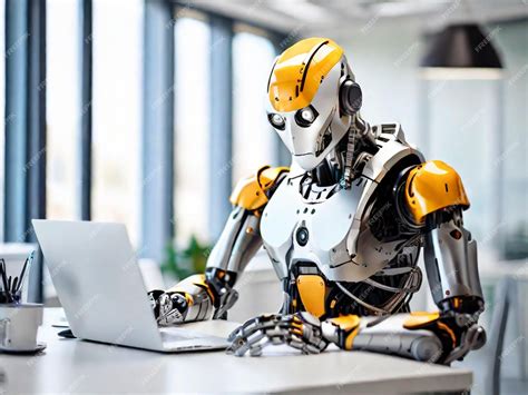 Premium Ai Image A Modern Robot Works In An Office On A Laptop Demonstrating The Usefulness Of