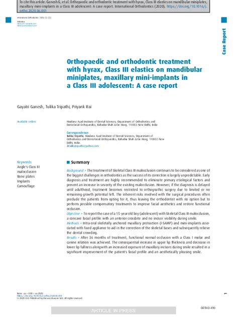 Pdf Orthopaedic And Orthodontic Treatment With Hyrax Class Iii Elastics On Mandibular