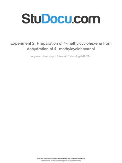Experiment 2 Preparation Of 4 Methylcyclohexene From Dehydration Of 4 Methylcyclohexanol Pdf