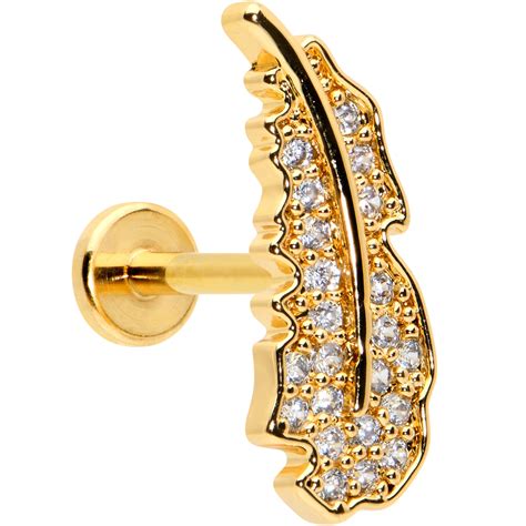 16g 516 Clear Cz Gem Gold Hue Feather Internal Thread Labret Tragus