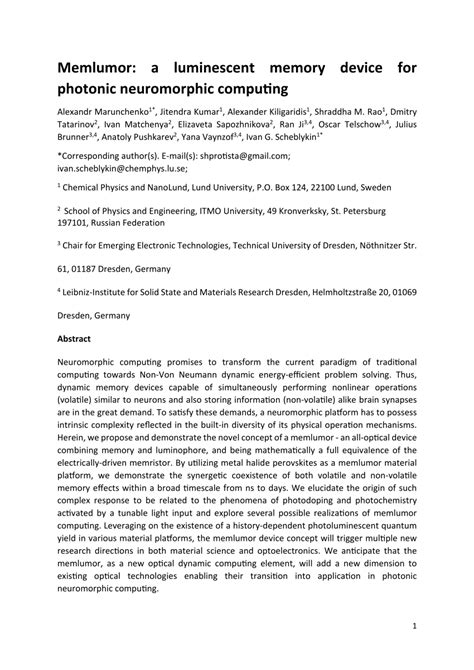 Pdf Memlumor A Luminescent Memory Device For Photonic Neuromorphic