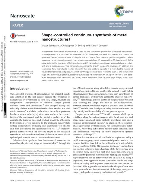 Pdf Shape Controlled Continuous Synthesis Of Metal Nanostructures